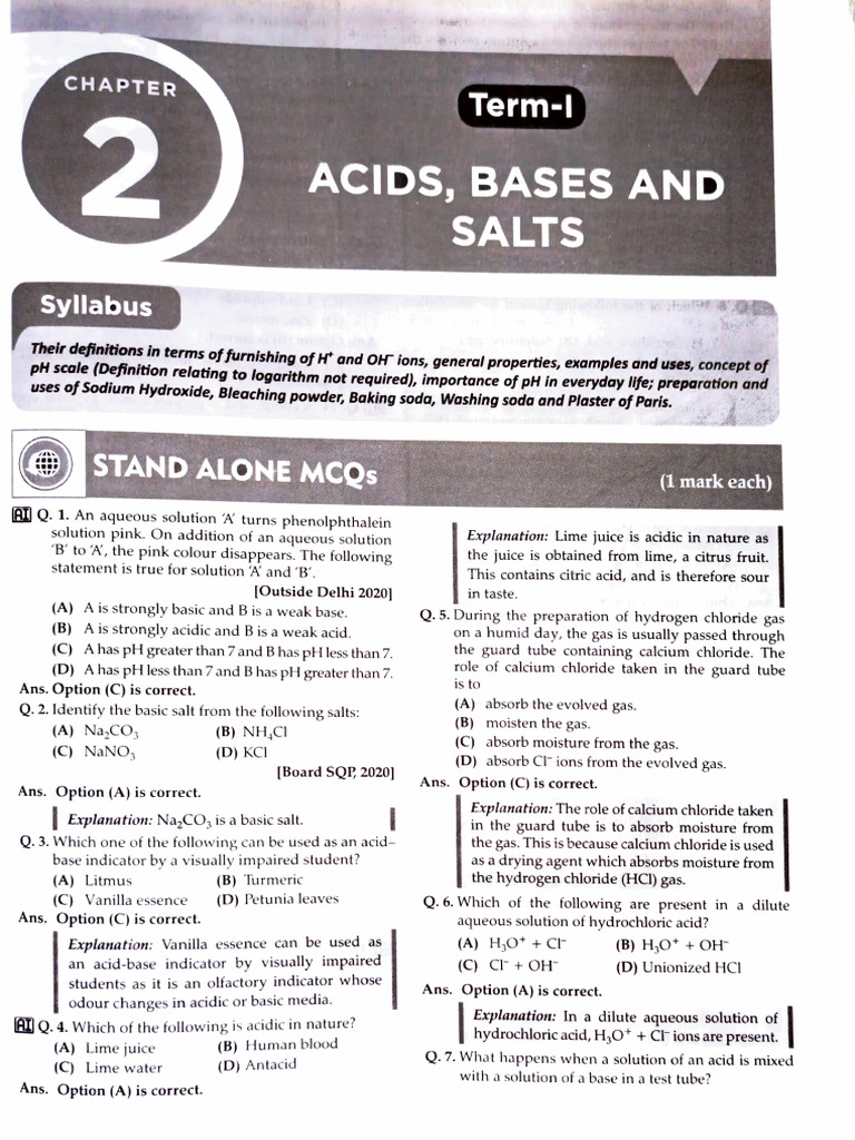 10 th acid base mcq with answers 2022 | PDF