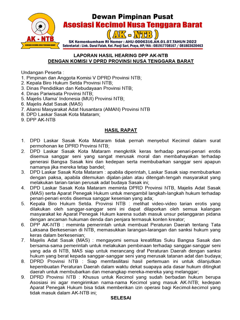 Hasil Rapat DPRD NTB | PDF