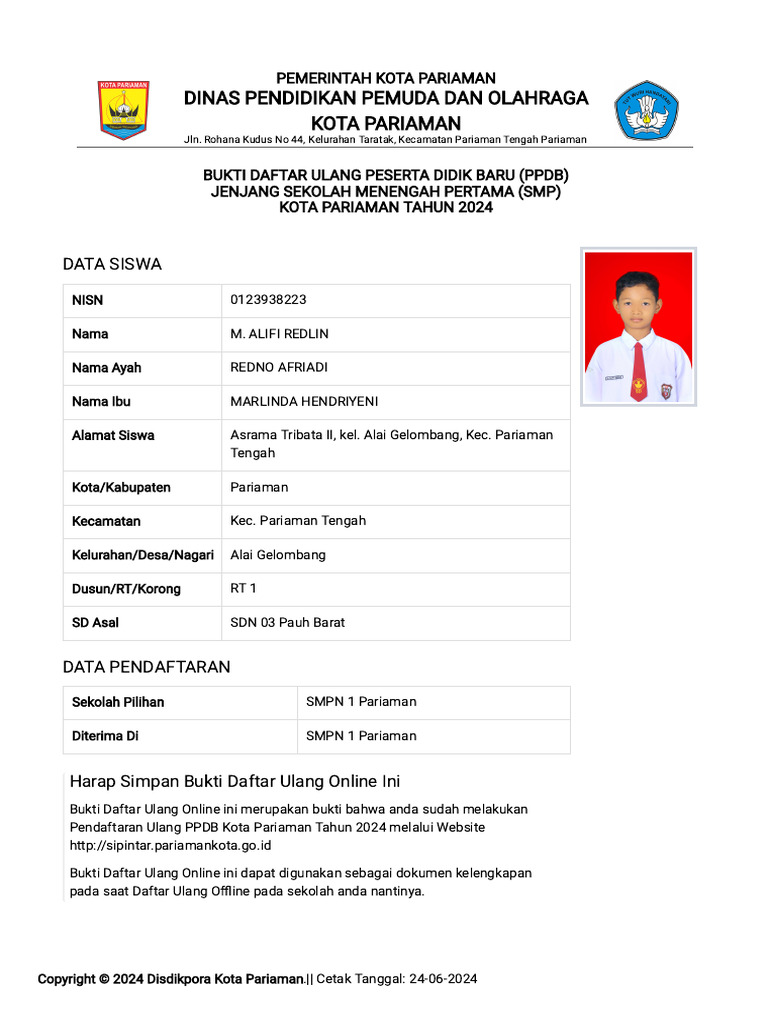 Cetak Bukti Daftar Ulang PPDB SMPSIPINTAR MASUK SEKOLAH - Sistem Informasi Pendaftaran Masuk ...