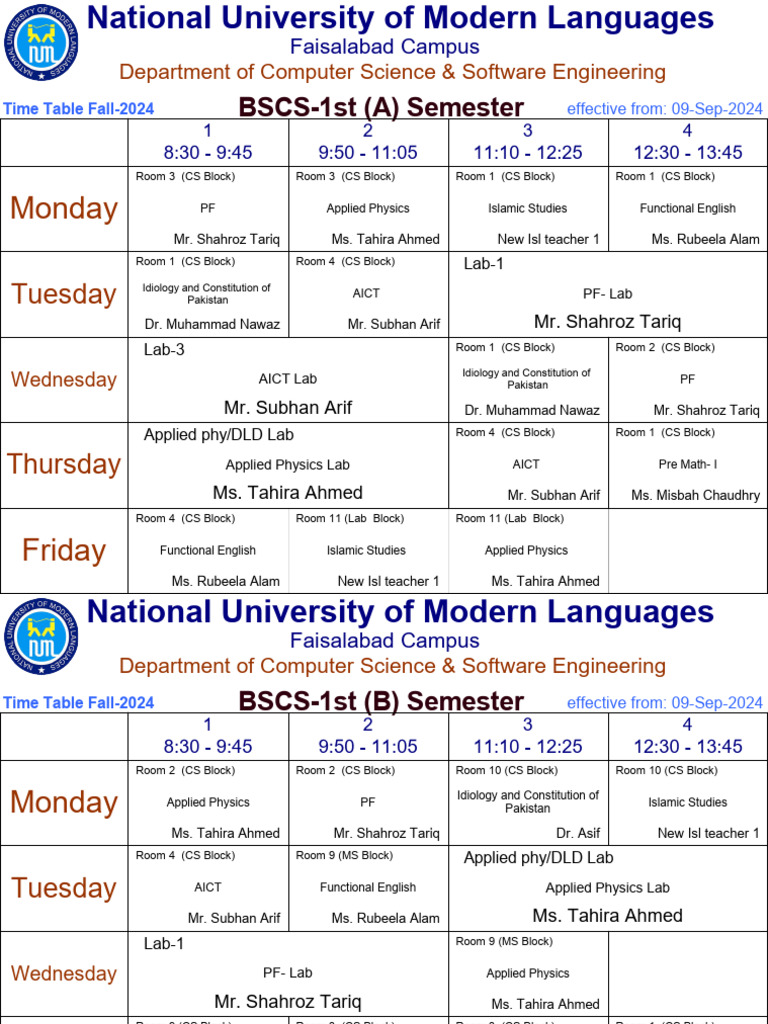 Semester Wise Time Table-Fall-24 (CS - SE) | PDF