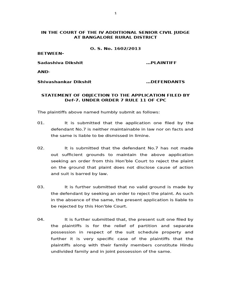 Objection To Order 7 Rule 11 in OS 1602 of 2013 | PDF
