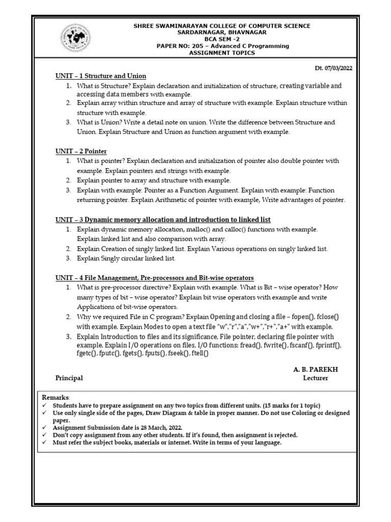 205 - Advanced C Programmin - ASSIGNMENT TOPICS - BCA | PDF