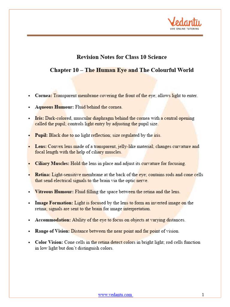 Get Science Human Eye and Colourful World Class 10 Notes PDF For FREE | PDF