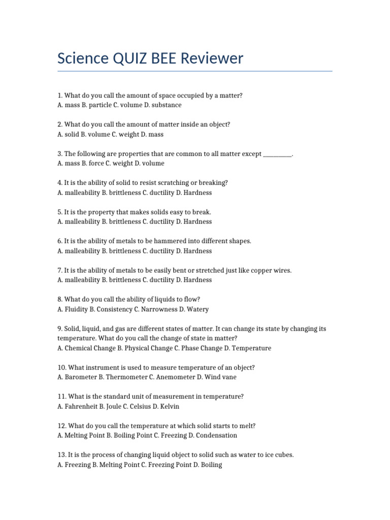 Science Quiz Bee Reviewer Complete | PDF | Temperature | Ear