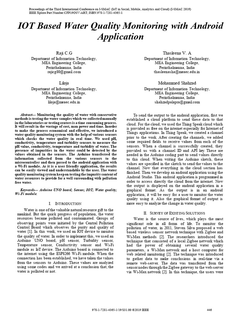 IOT Based Water Quality Monitoring With Android Application | PDF