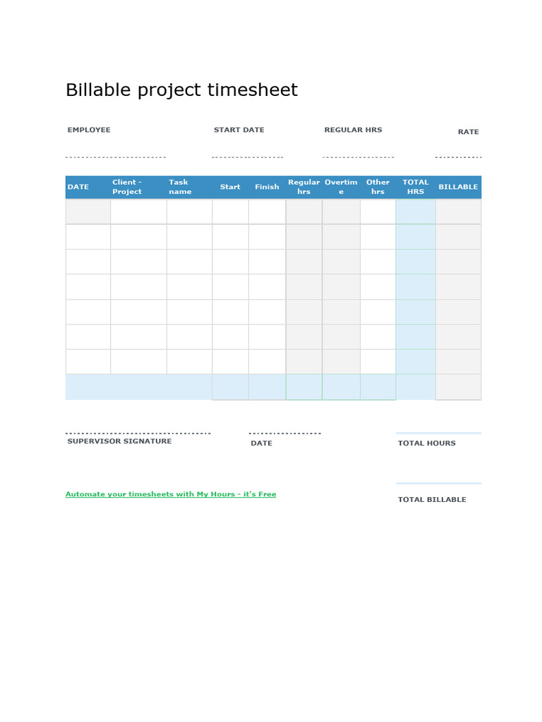 Billable Project Timesheet Template - My Hours | PDF