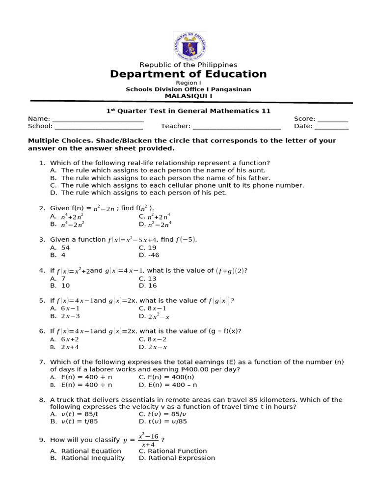 Gen Math Test Questions - Q1 2024-2025 | PDF