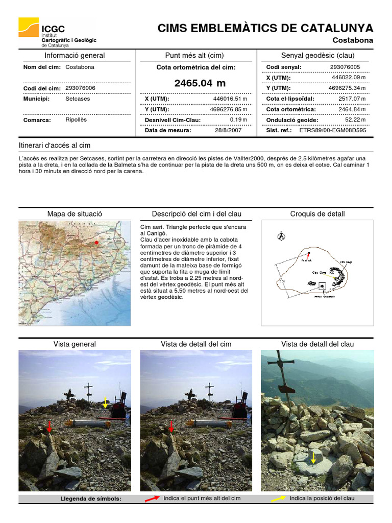 Cims Emblemàtics de Catalunya: Informació General Punt Més Alt (Cim) Senyal Geodèsic (Clau) | PDF