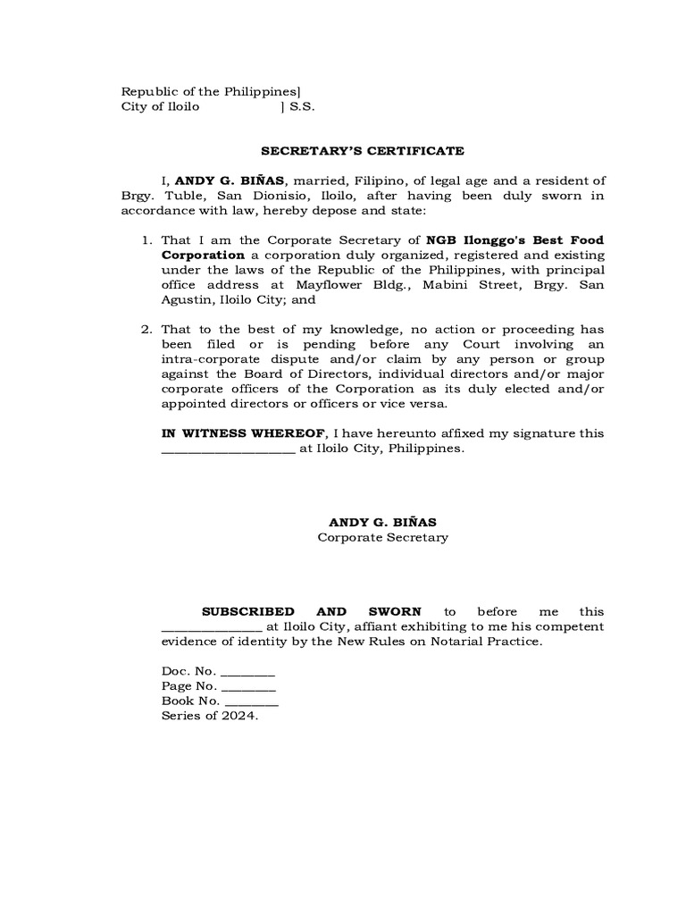 Secretary's Certificate of No Pending Case Involving Intra-Corporate ...