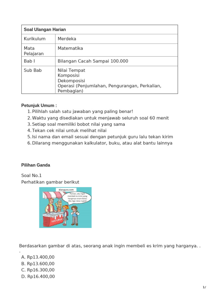 Soal Matematika Kelas 5 Bilangan Cacah Sampai 100000 Kurikulum Merdeka | PDF