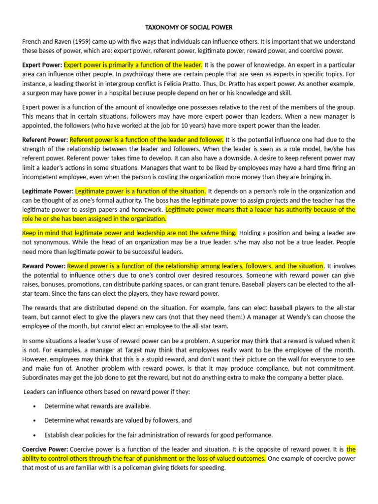 TAXONOMY OF SOCIAL POWER | PDF
