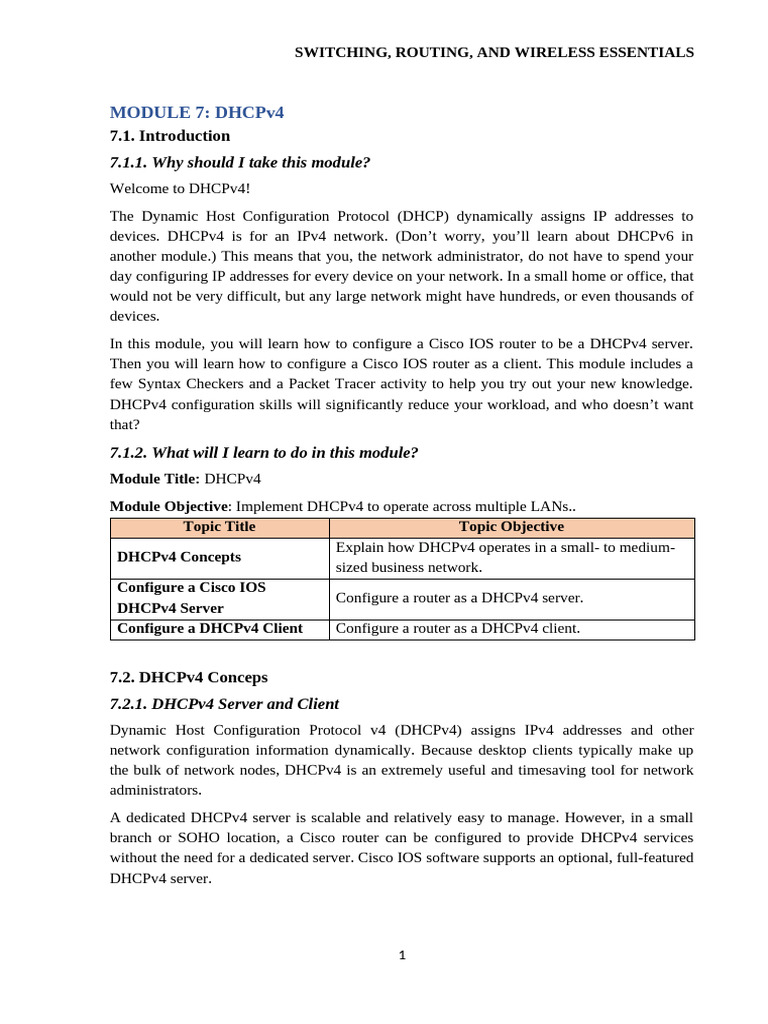 CCNADocumentV7 SRWE Module7 DHCPv4 | PDF