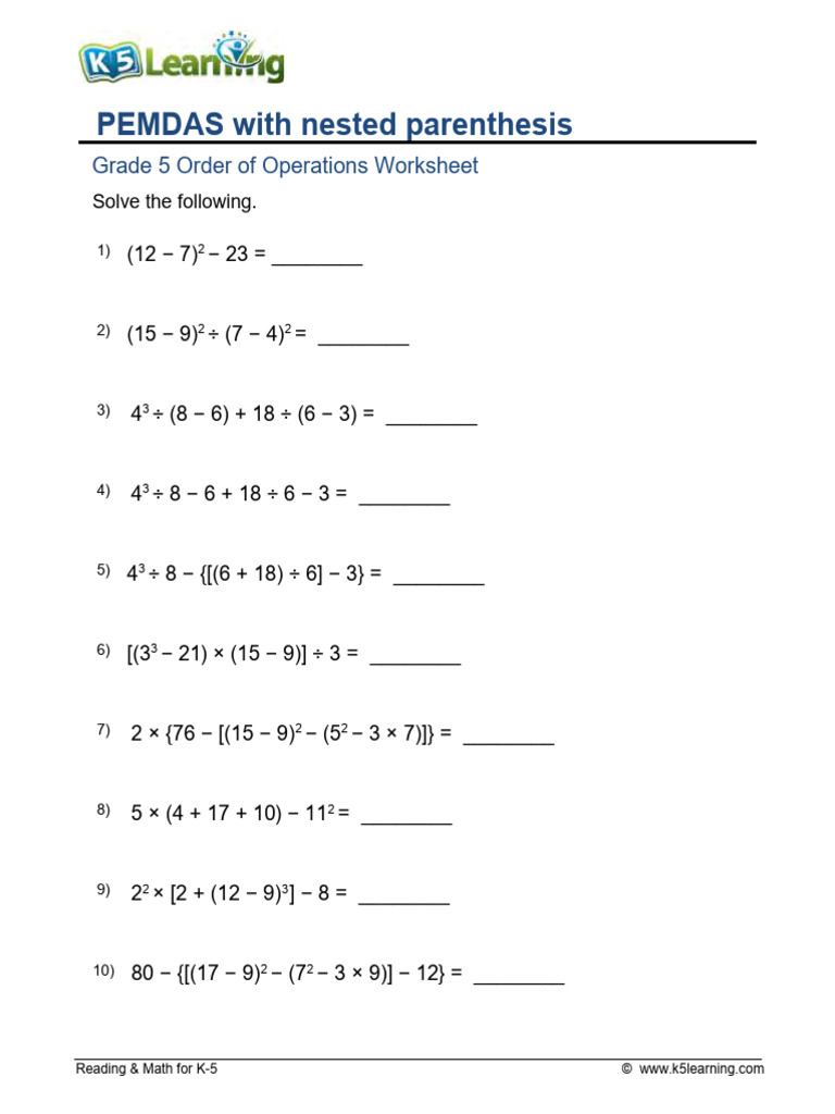 Grade 5 Pemdas Nested Parenthesis B | PDF