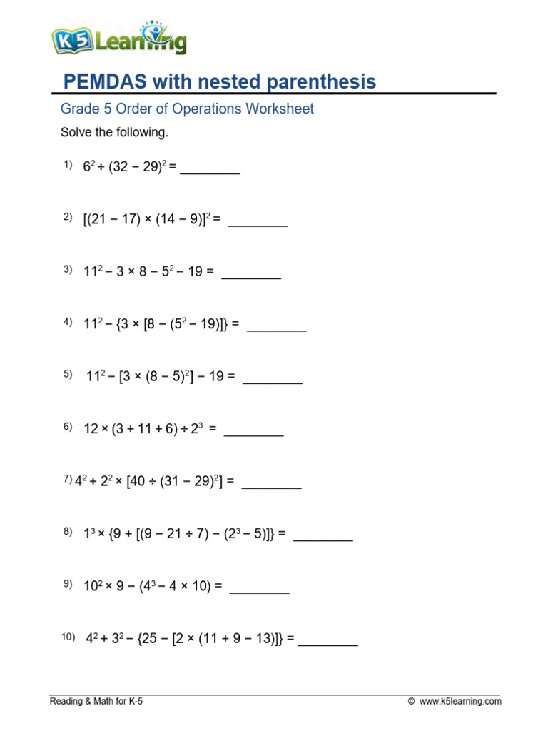 Grade 5 PEMDAS Worksheet | PDF