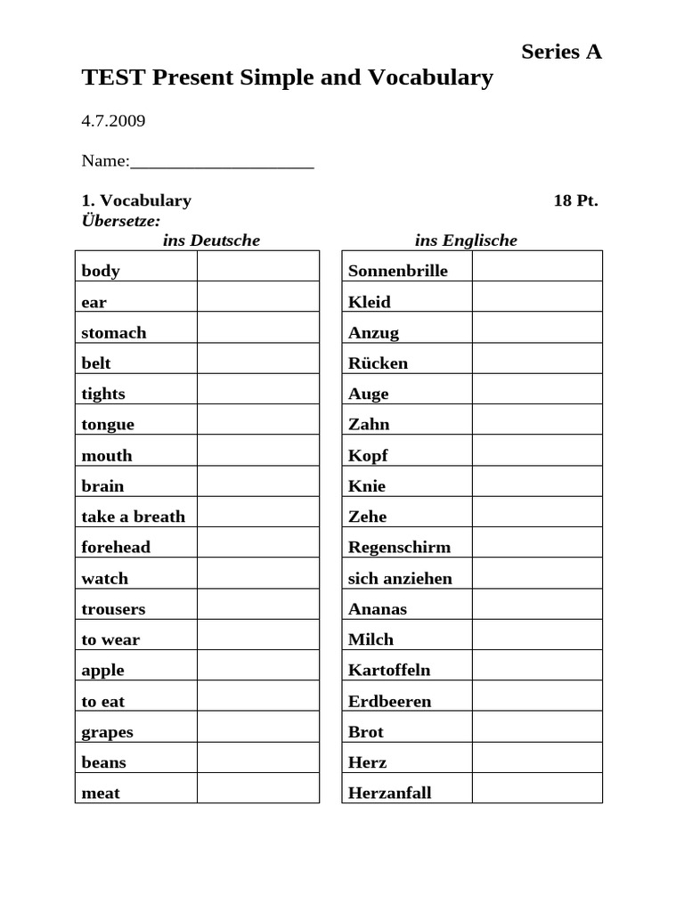 Test Present Simple and Voc 4-9-09 Series A | PDF