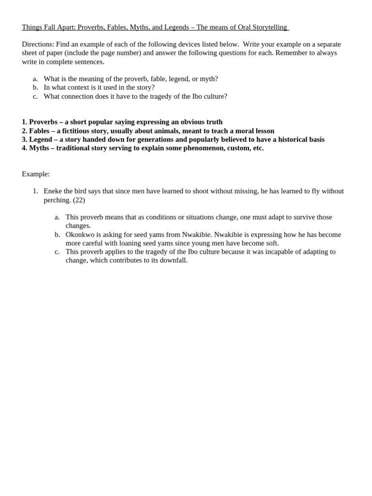 Things Fall Apart Proverbs Myths Fables Legends | PDF