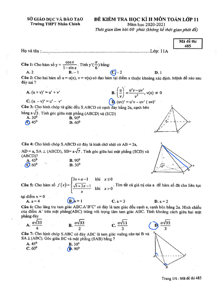 HKII Toán 11 Nhân Chính 2020 2021 2 | PDF
