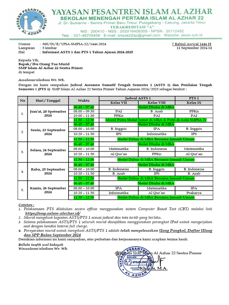 300 E Informasi ASTS 1 Dan PTS 1 Tahun Ajaran 2024-2025 | PDF