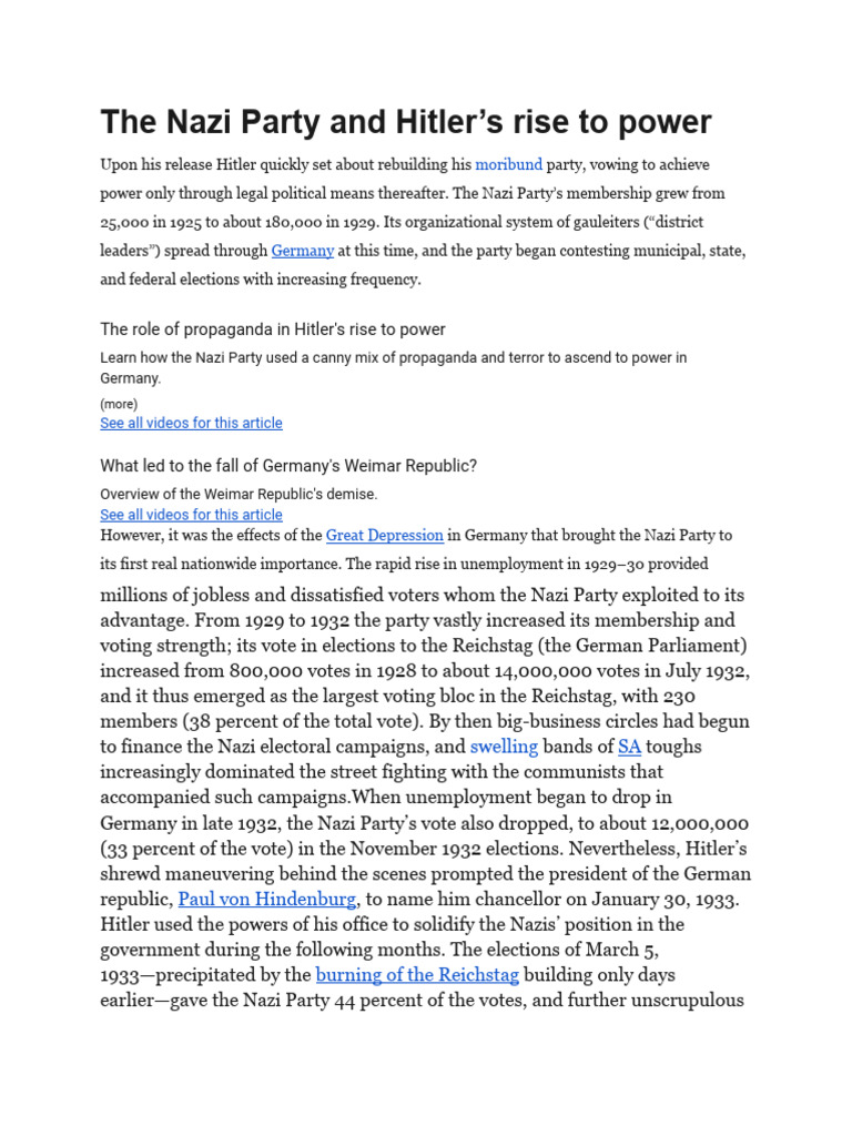Hitlers Ideologies and Rise To Power | PDF | Nazi Germany | Nazi Party