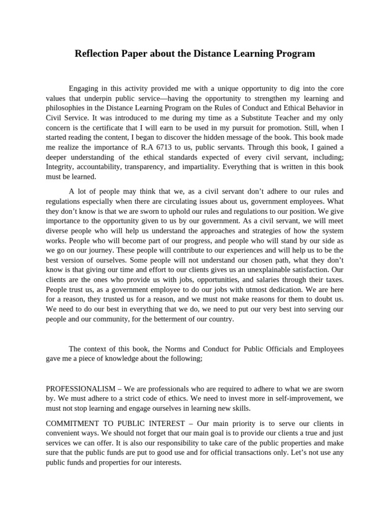 Distance Learning Reflection on Public Service | PDF | Learning ...