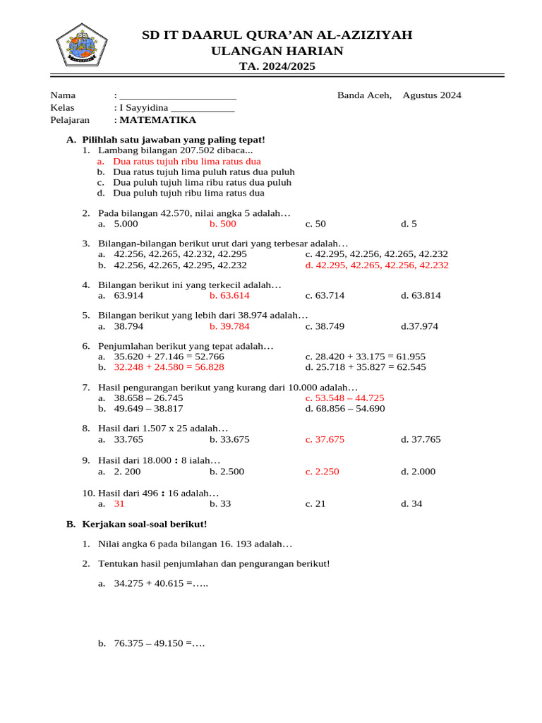 UH Matematika BAB 1 Kls 5 | PDF