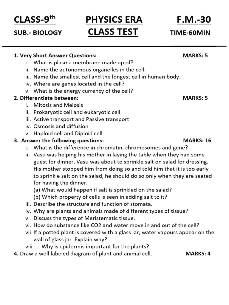 Cell and Tissue Test Paper Class9 | PDF