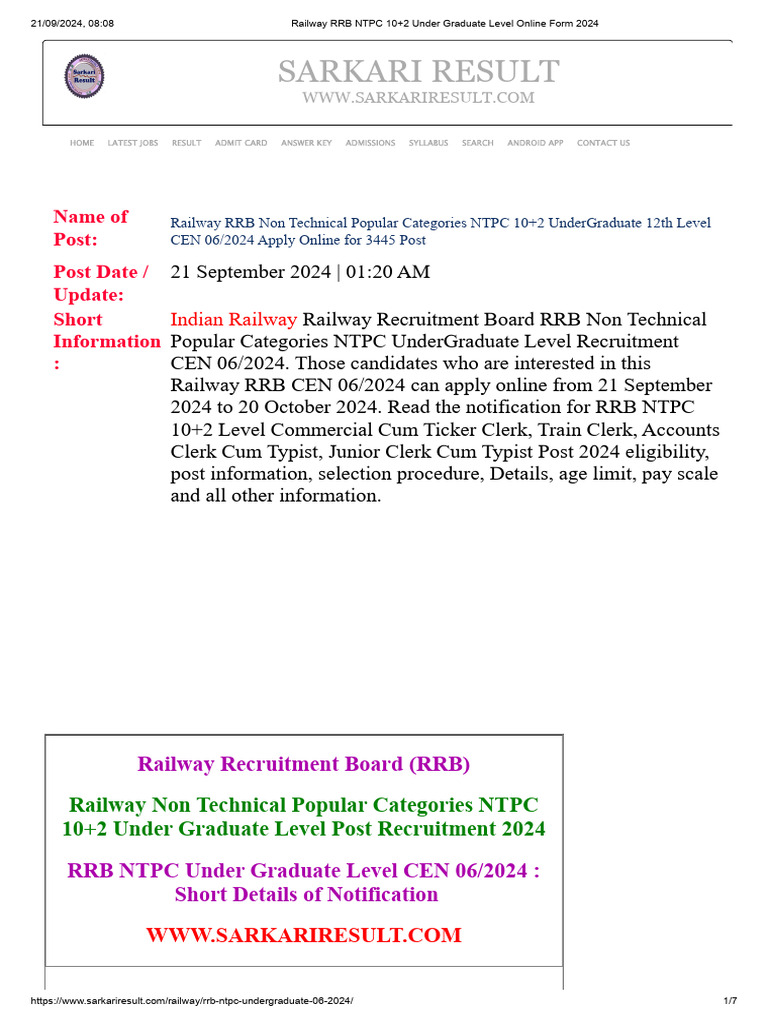 Railway RRB NTPC 10+2 Under Graduate Level Online Form 2024 | PDF | Google Play | Mobile Computers
