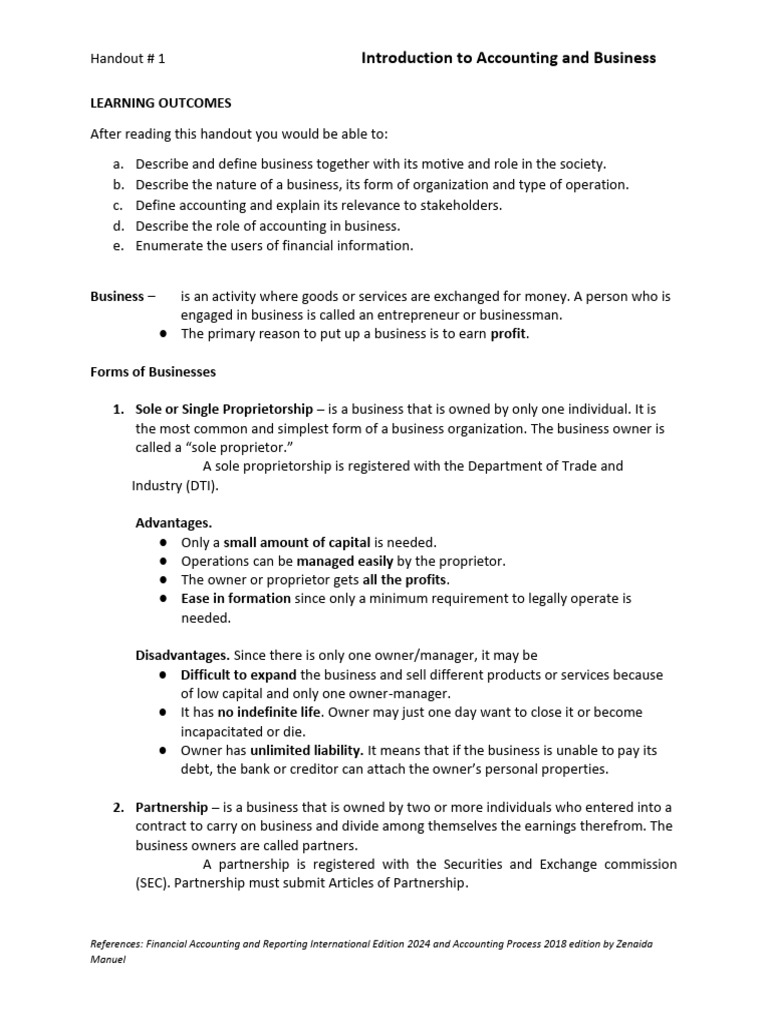 Handout1 Introduction To Business and Accounting | PDF