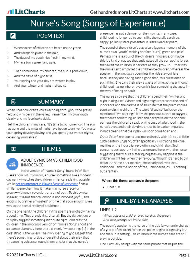 LitCharts Nurse S Song Songs of Experience | PDF