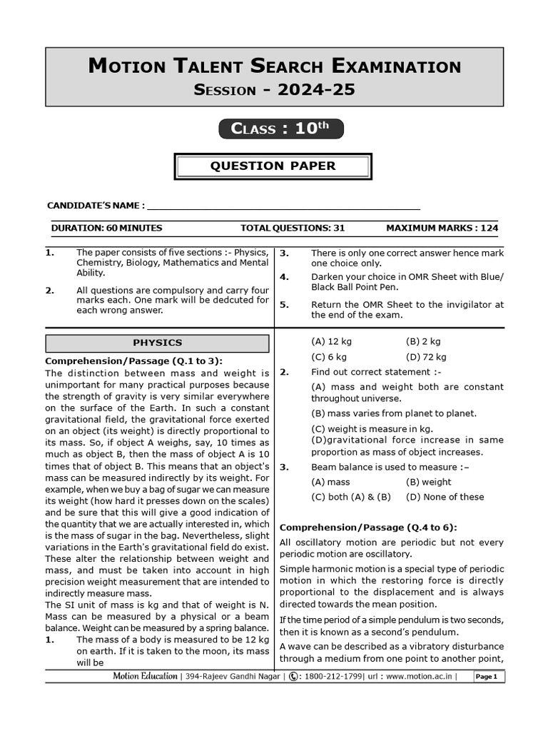 Class X Sample Paper | PDF | Weight | Science & Mathematics