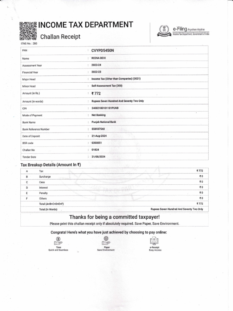 Reena Devi Challan Receipt | PDF