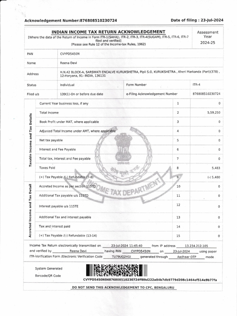 Reena Devi 2024-25 ITR | PDF