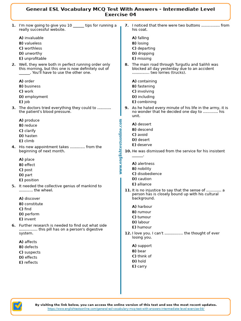 658 General Esl Vocabulary MCQ Test With Answers Intermediate Level ...