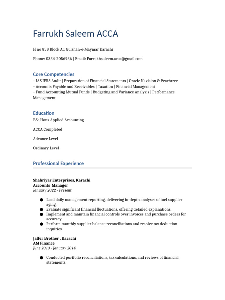 Farrukh Saleem ACCA Profile & Experience | PDF | Business | Finance & Money Management