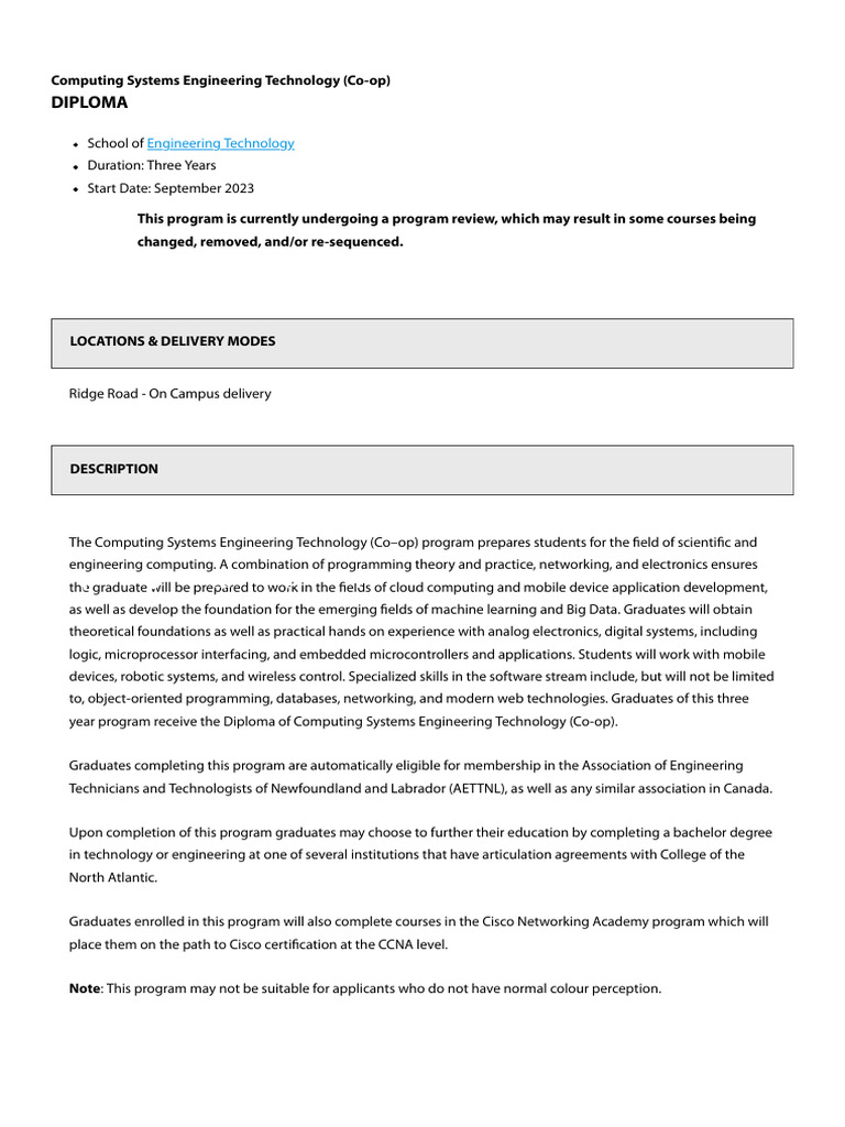 Computing Systems Engineering Technology (Co-Op) - College of The North Atlantic | PDF