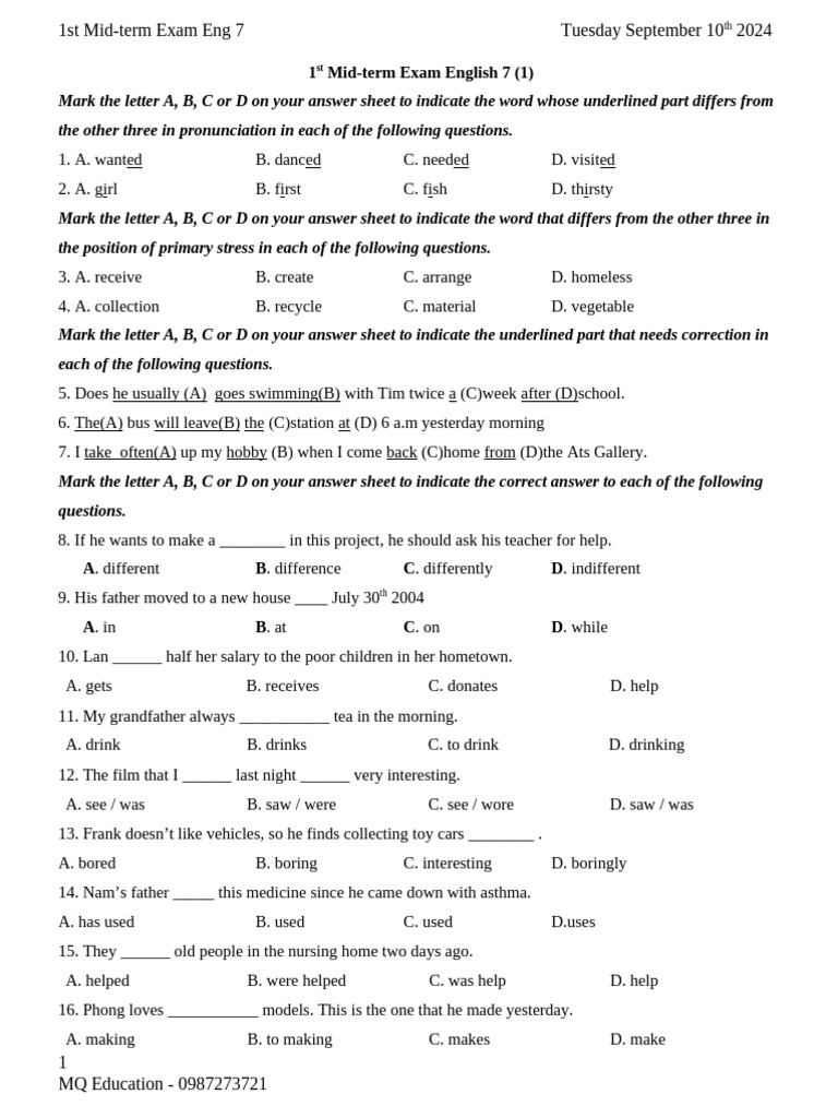 1st Mid-term Exam English 7 Guide | PDF | Hobbies | Language Arts ...