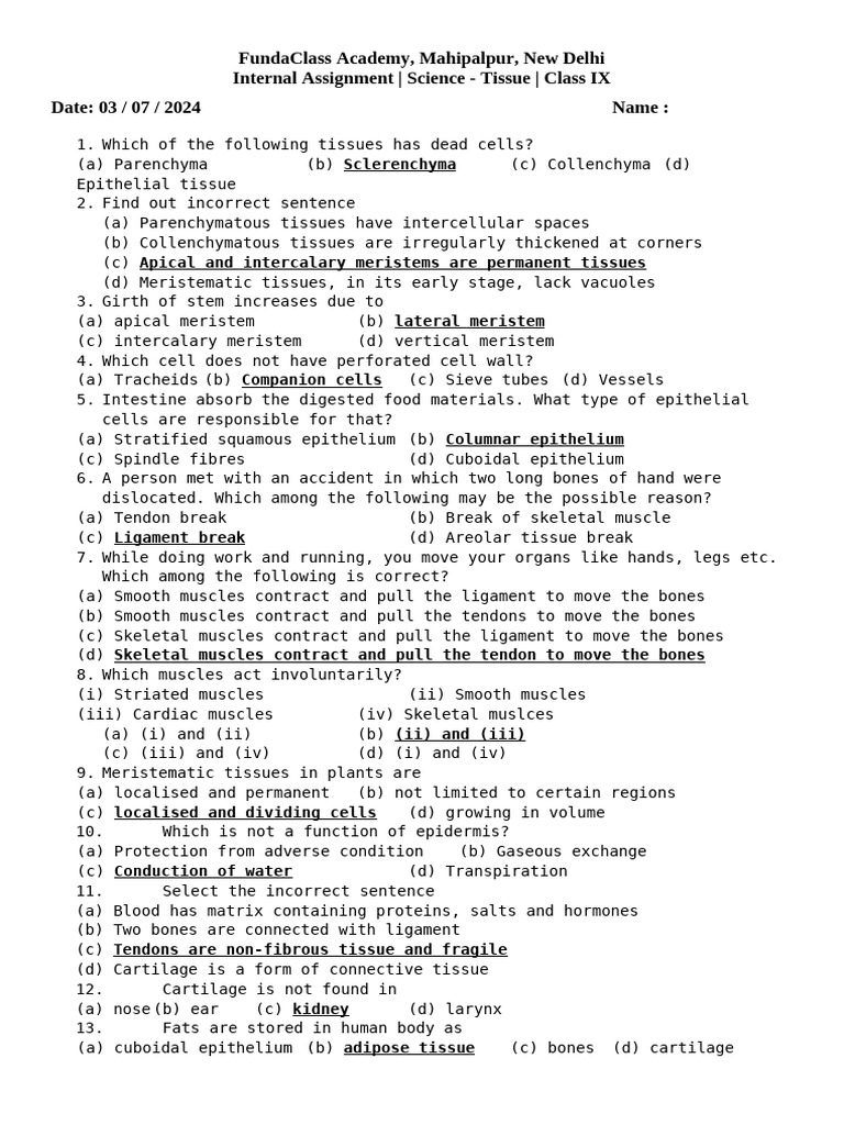 Class 09 - Chp 6_Tissue_Assignment | PDF
