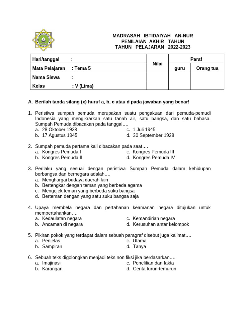 Soal PAS Ganjil Mapel Tema 5 | PDF