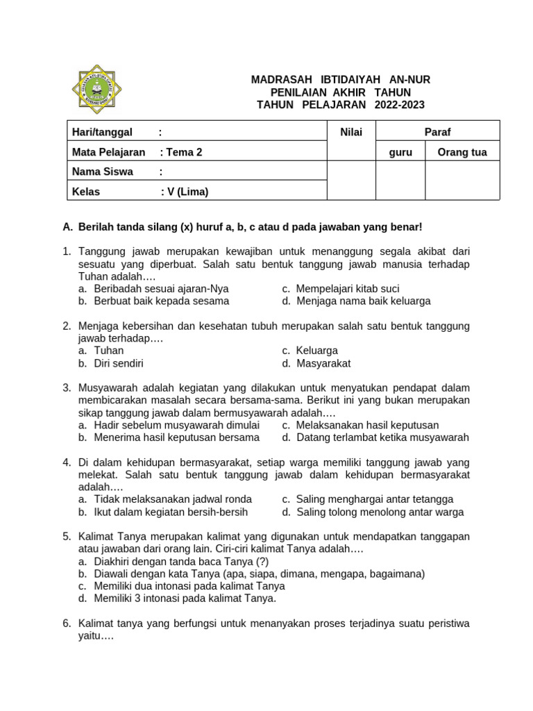 Soal PAS Ganjil Mapel Tema 2 | PDF
