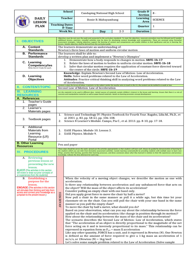 Grade 8 Science Lesson Plan: Newton's Laws | PDF | Force | Mass