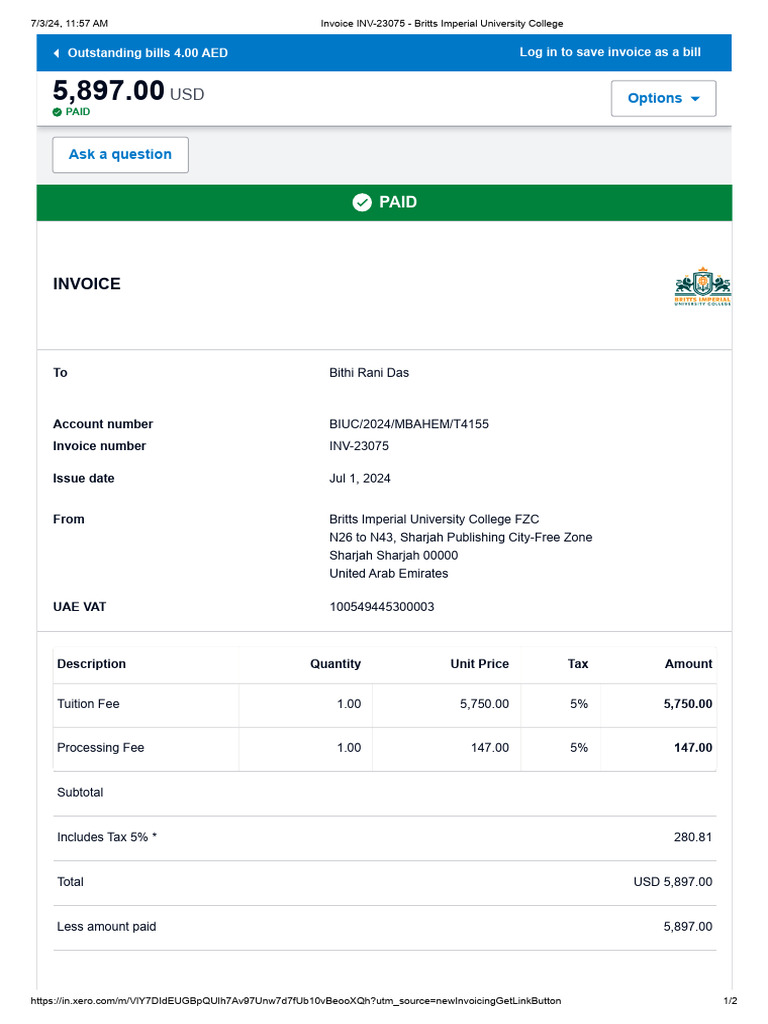 Invoice INV-23075 - Britts Imperial University College | PDF | Invoice ...