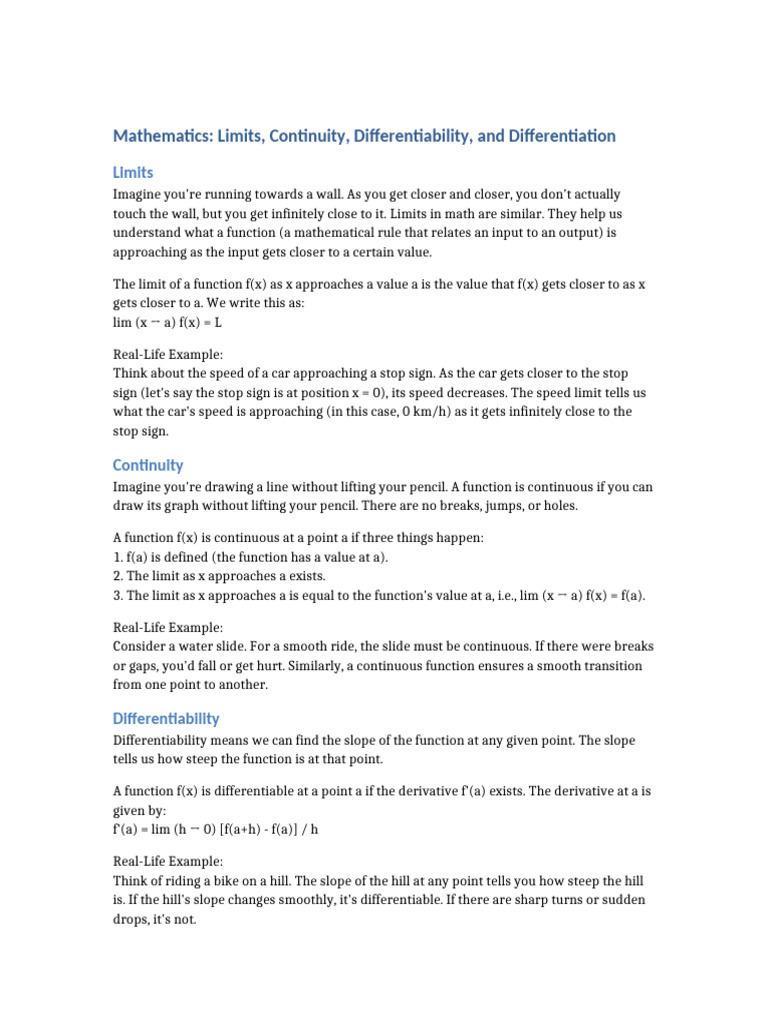 Math Topics Limits Continuity Differentiability | PDF