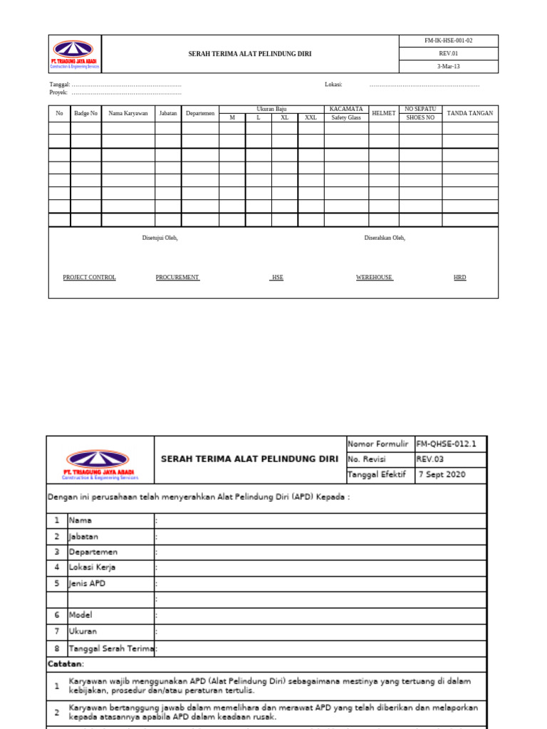 012 1 FM-QHSE-012 1 Formulir Serah Terima - Distribusi APD Rev 3-2 | PDF