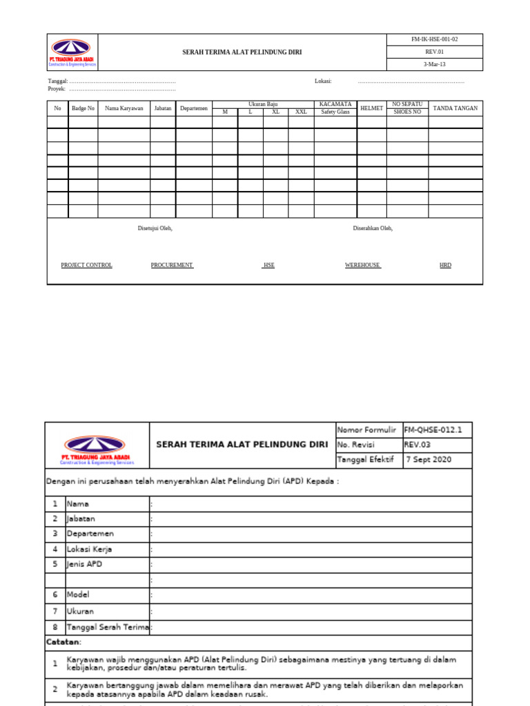 012 1 FM-QHSE-012 1 Formulir Serah Terima - Distribusi APD Rev 3-2 | PDF