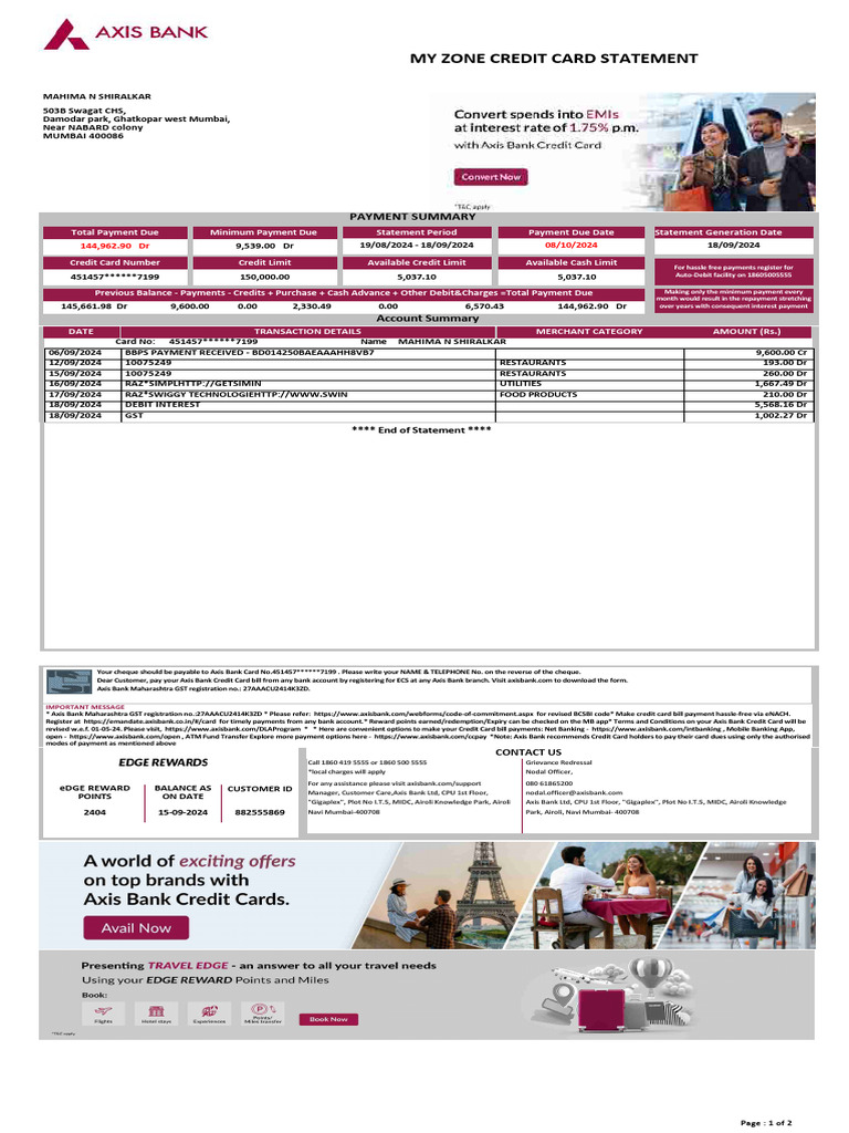 My Zone Credit Card Statement: Payment Summary | PDF | Credit Card ...