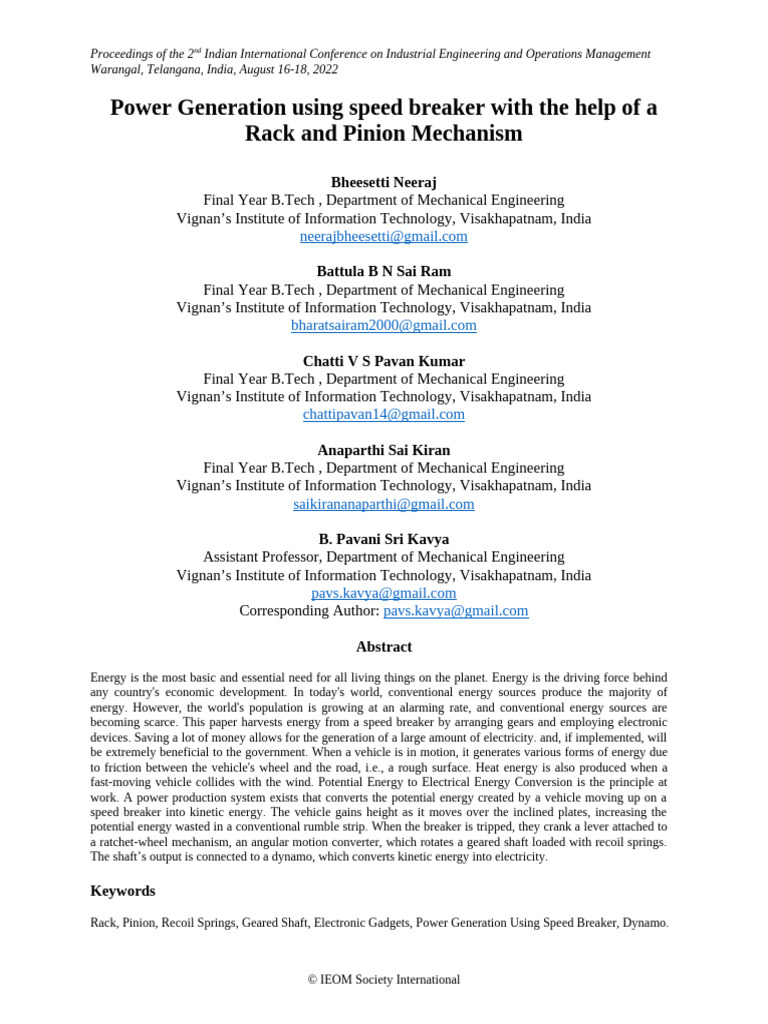 IEOM Paper - POWER GENERATION USING SPEED BREAKER WITH THE HELP OF A ...