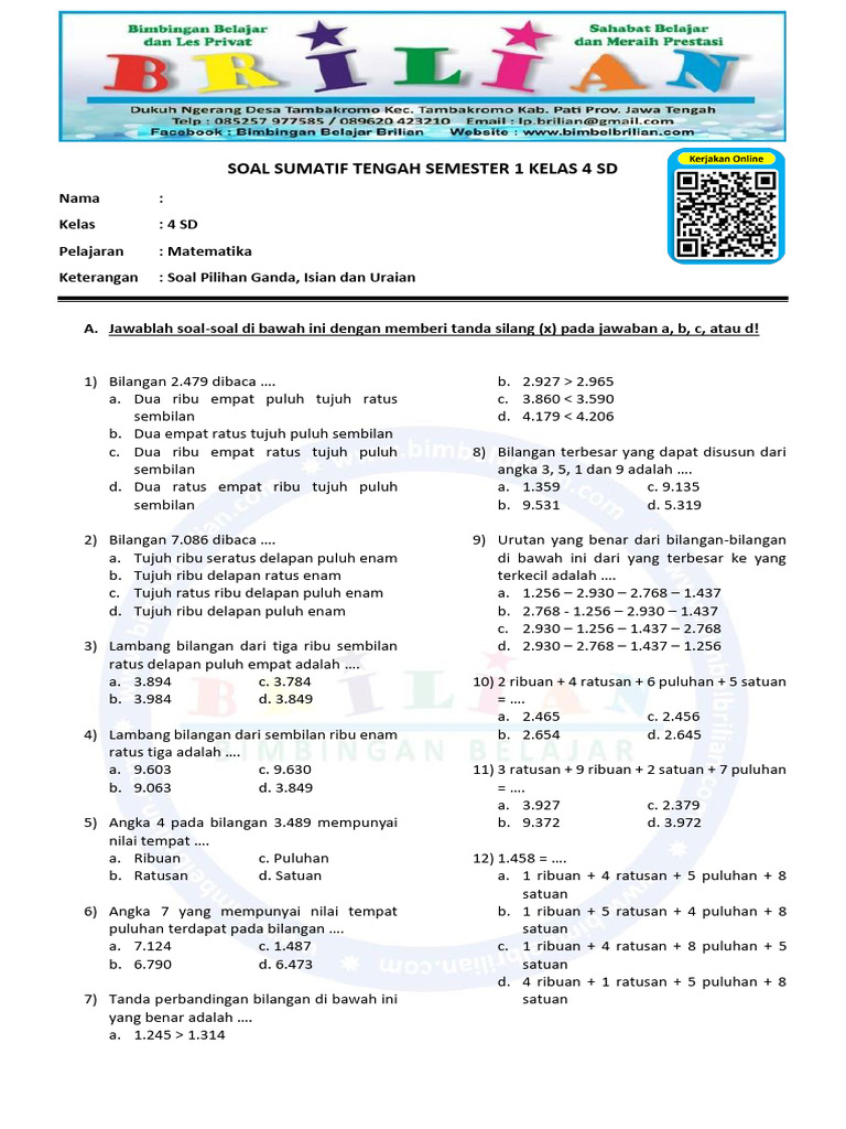 Soal STS Matematika Kelas 4 SD Semester 1 | PDF