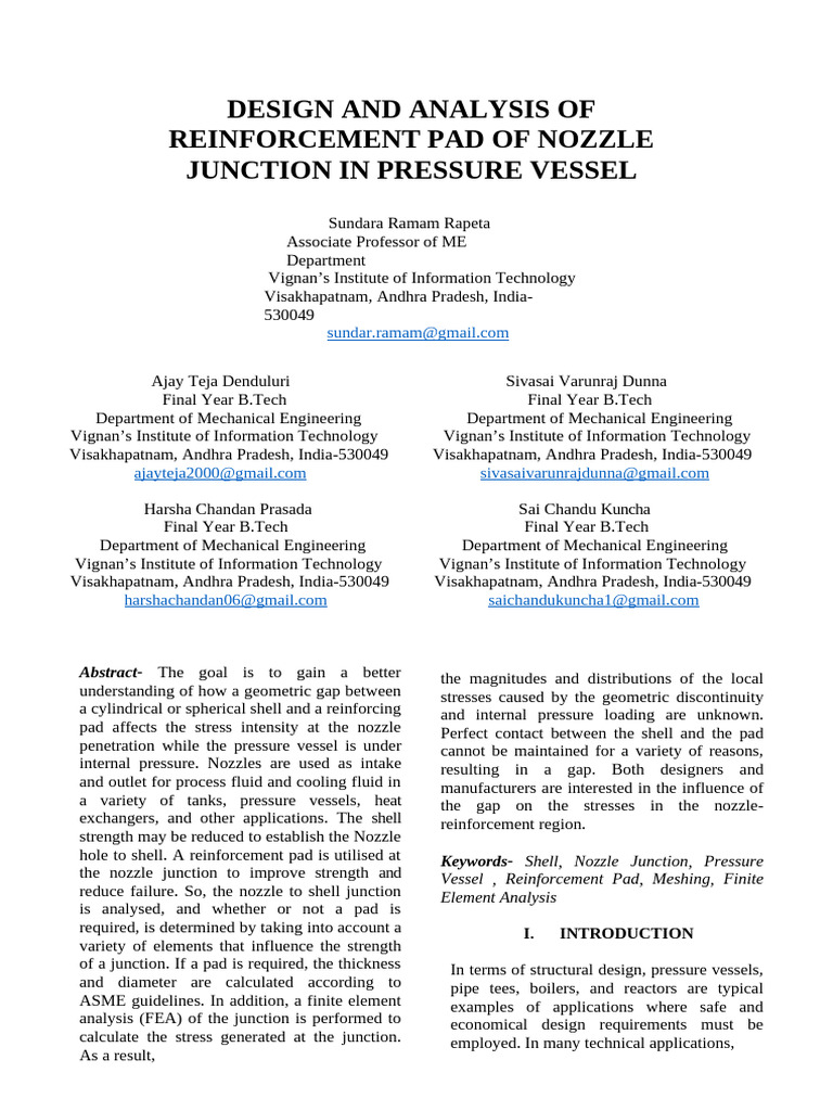 DESIGN AND ANALYSIS OF REINFORCEMENT PAD OF NOZZLE JUNCTION IN PRESSURE ...