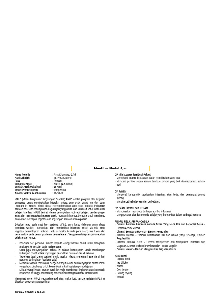 RPP Modul Ajar MPLS PAUD Jateng 2023-2024 - Minggu 2 | PDF