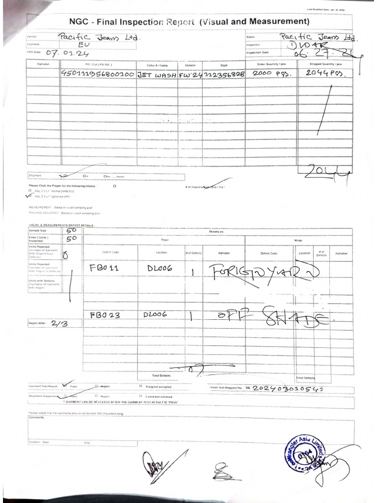 Final Inspection Pass Report PF-16303 | PDF